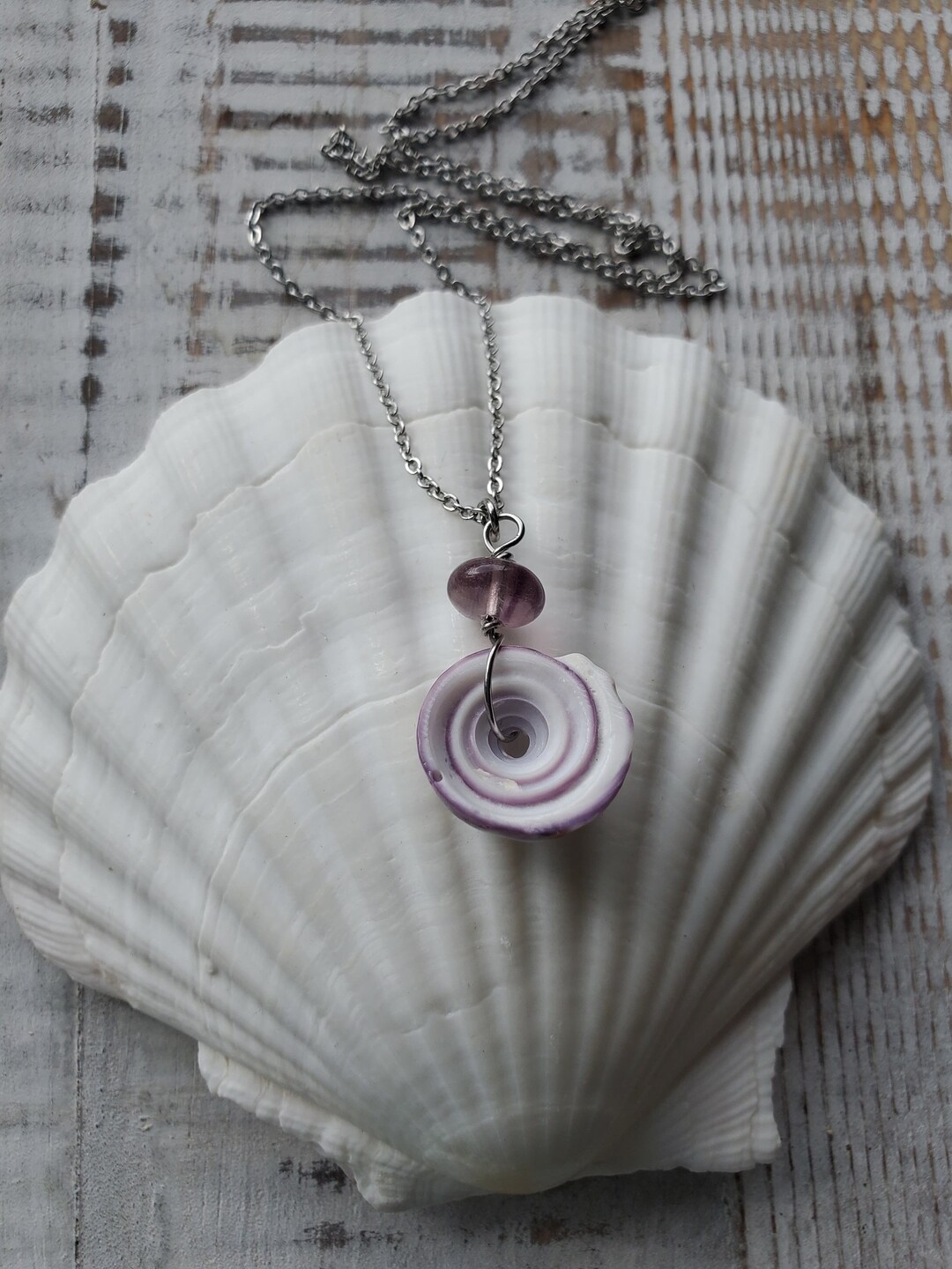 Purple Puka Shell Pendant: Wire Wrapped Tourmaline, Stainless Steel ...