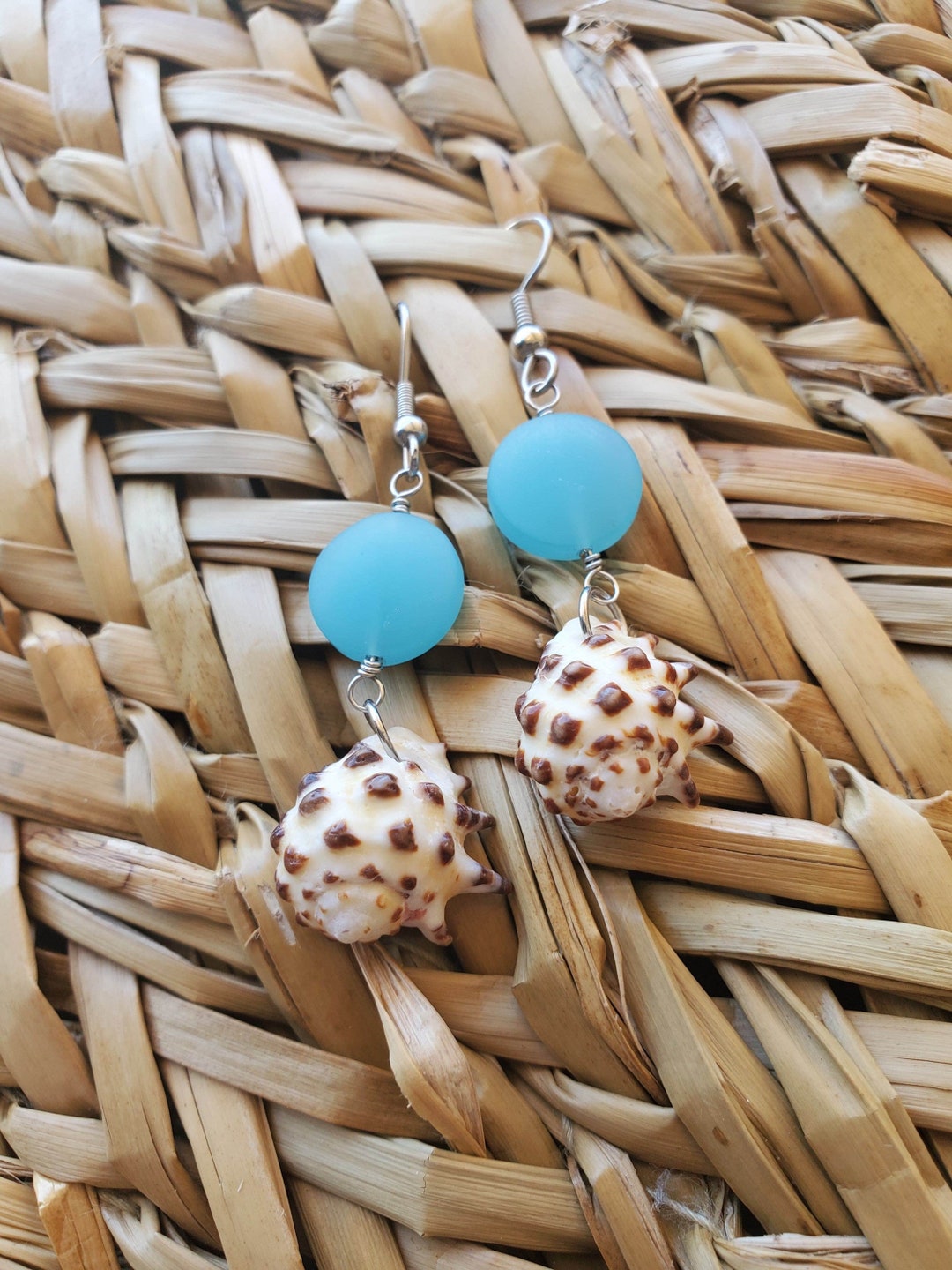 Turquoise Glass and Drupe Seashell Earrings Beachy Earrings - Etsy