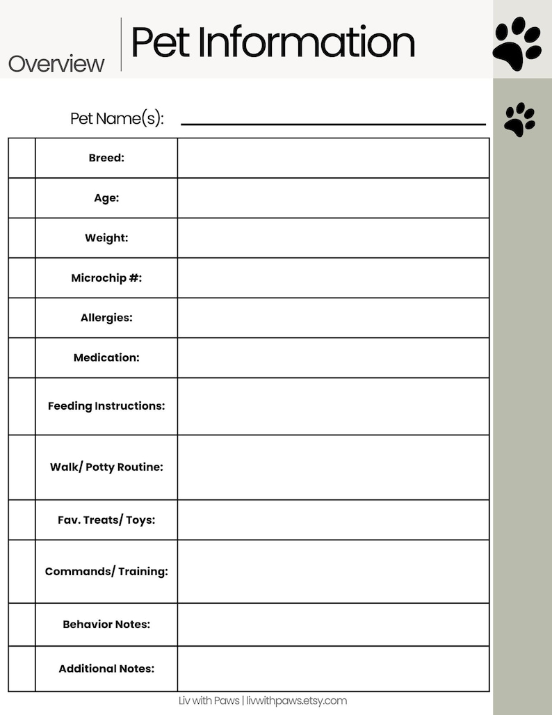 Printable Pet Sitter Information Sheet – Dog Care Instructions ...