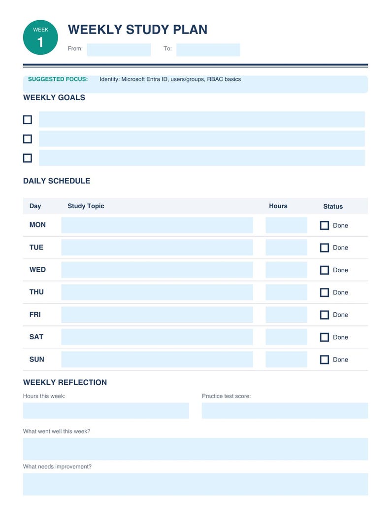 AZ-104 Study Planner Azure Administrator Exam Prep Fillable PDF Study Guide IT Certification ...
