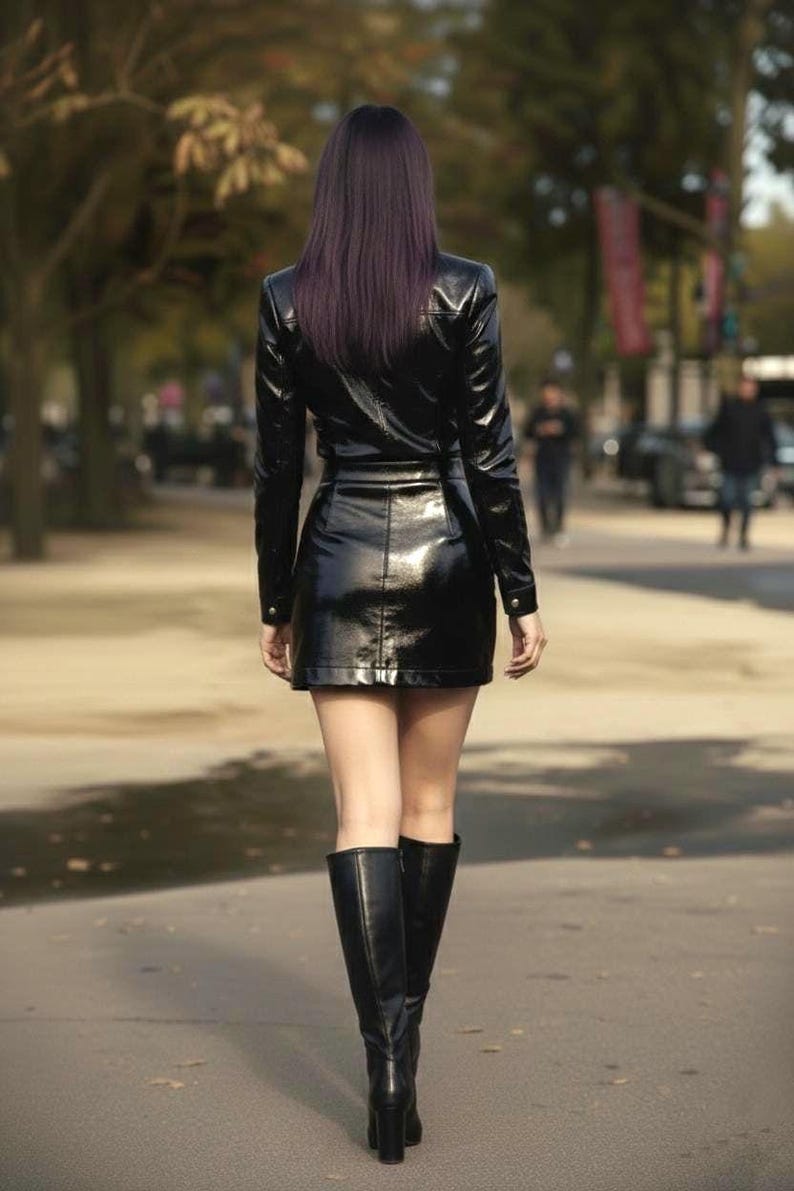 High-Shine Echtleder Mini Rock Set - Button-Down-Hemdjacke, A-Linien ...