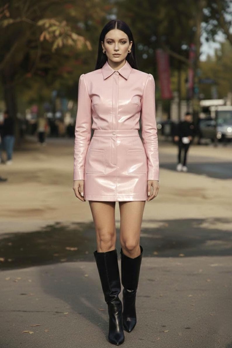 High-Shine Echtleder Mini Rock Set - Button-Down-Hemdjacke, A-Linien ...