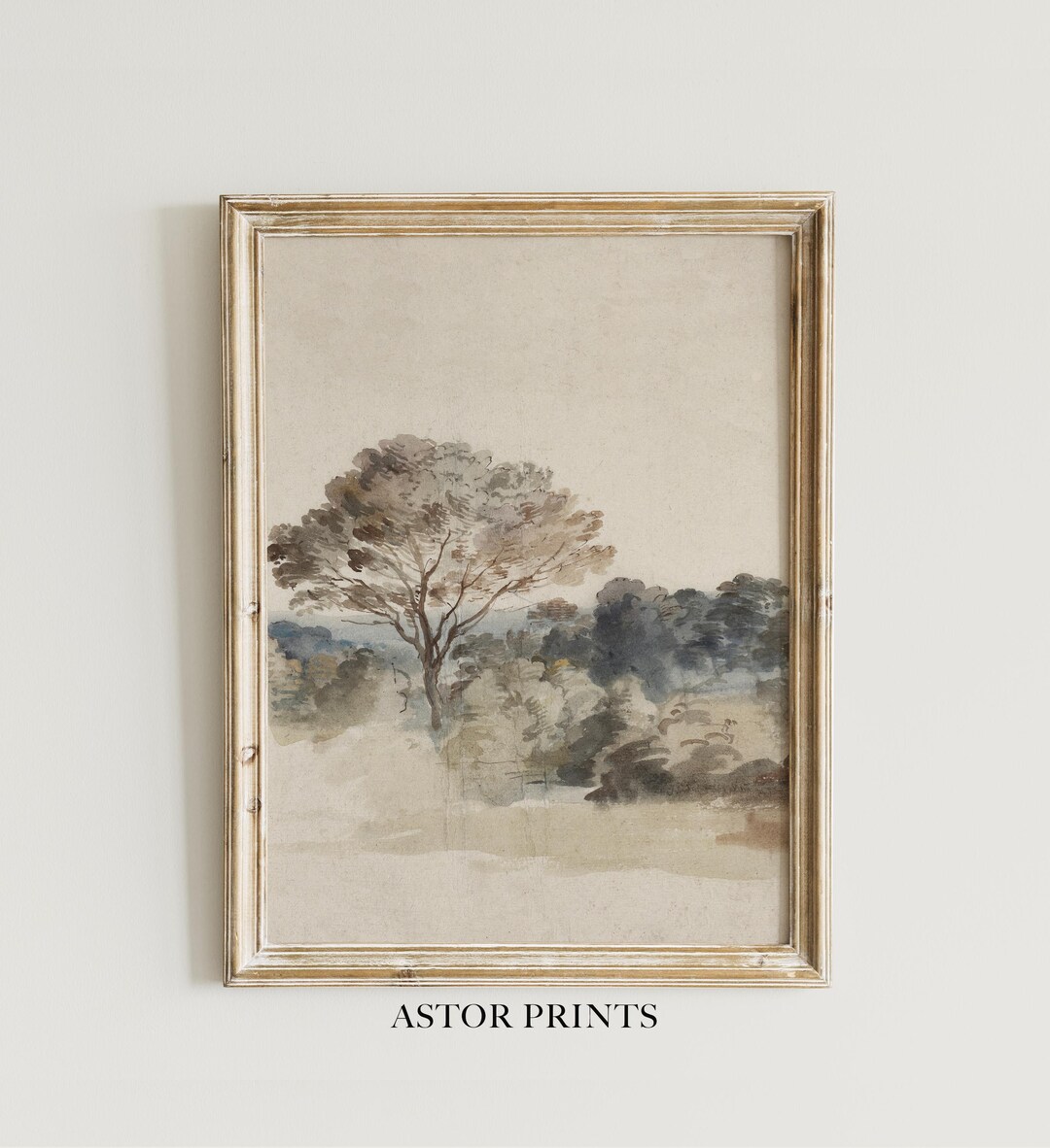 Vintage Tree Sketch Painting: Muted Neutral Landscape Wall Art Print ...