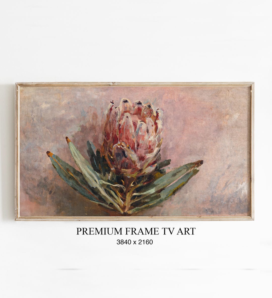 Vintage Protea Frame TV Art, Moody Pink Botanical Flower Oil Painting ...