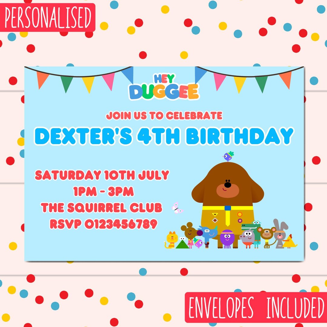 Personalised Hey Duggee Birthday Party Invitations A6 Size X12 Includes ...