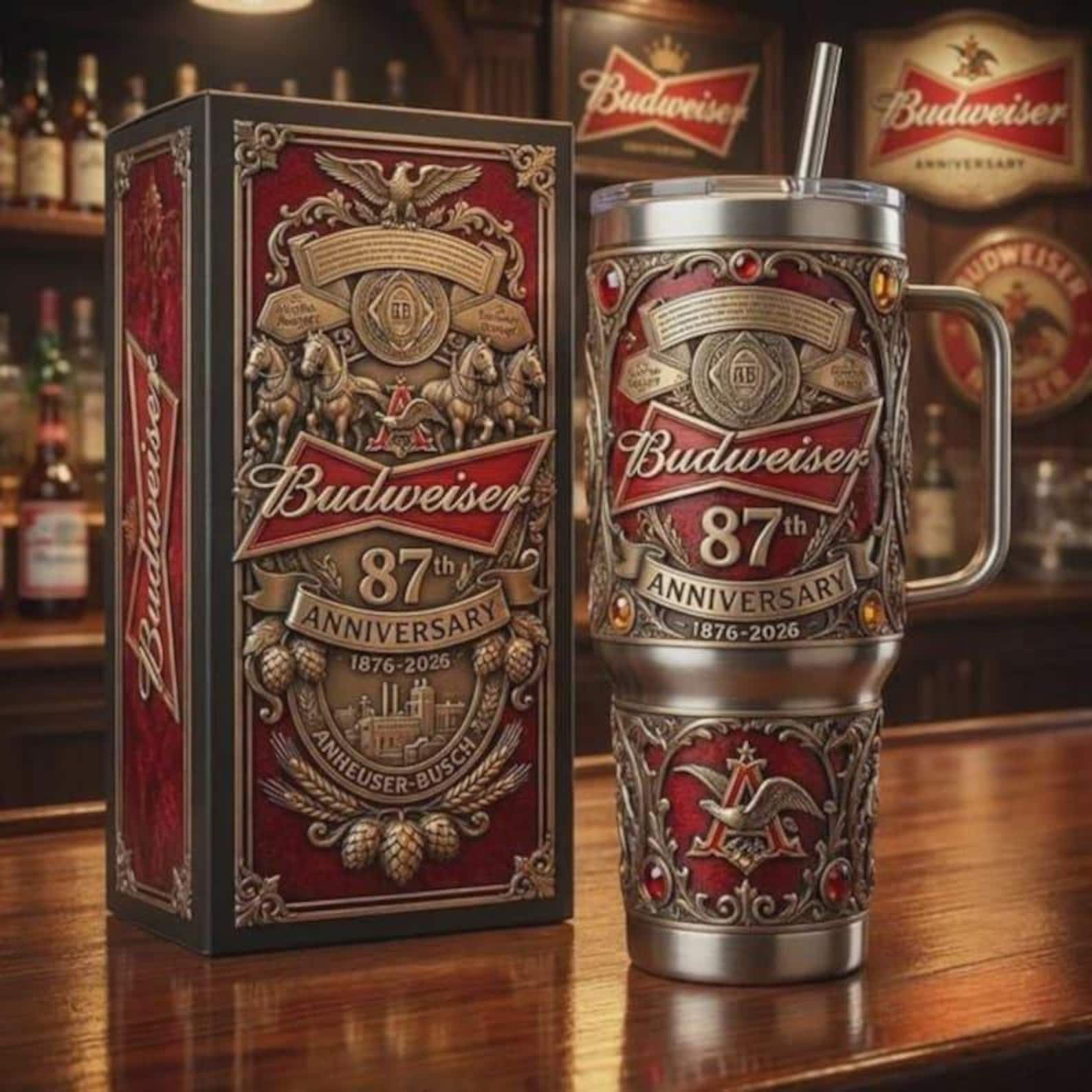 Budweiser 87th Anniversary Stainless Steel Tumbler With Handle, Vintage ...