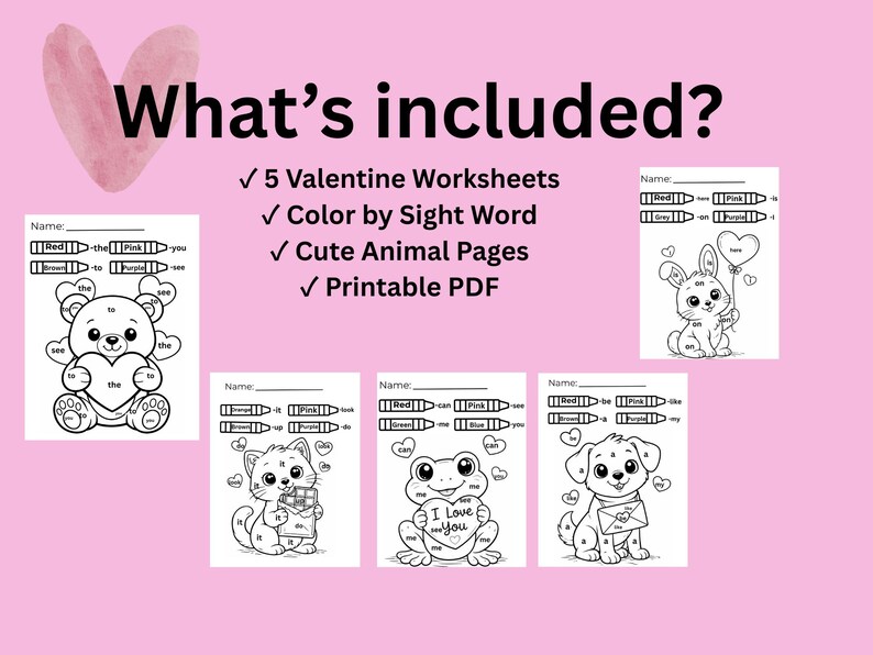 Valentine's Day Color by Sight Word Worksheets | Kindergarten Printable ...