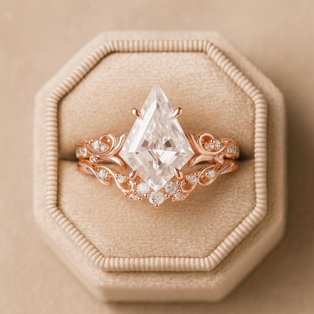 Kite Cut Moissanite Ring Set Rose Gold Art Deco Bridal Jewelry. - Etsy