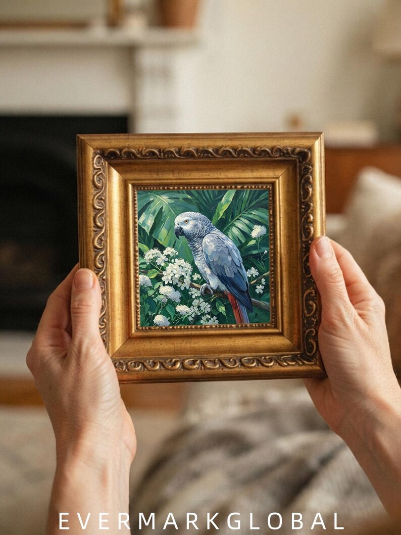 Hand Painted African Grey Parrot Tropical Foliage Wall Art, Custom Oil ...