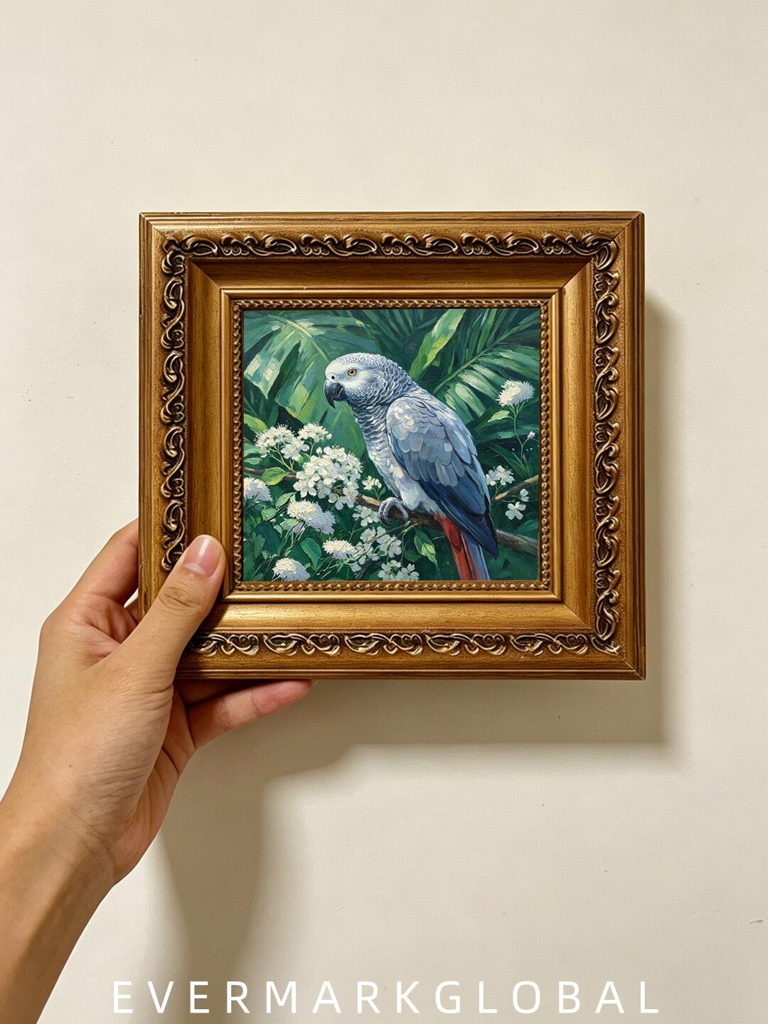Hand Painted African Grey Parrot Tropical Foliage Wall Art, Custom Oil ...