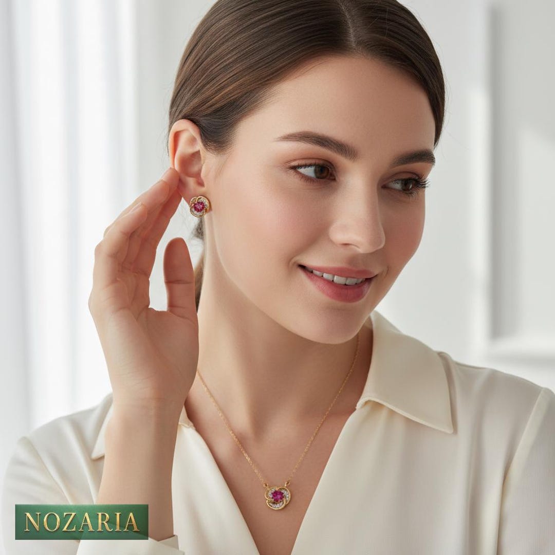 Statement Sparkle: Big, Bold Ruby Pink CZ Necklace & Gold-plated Studs ...