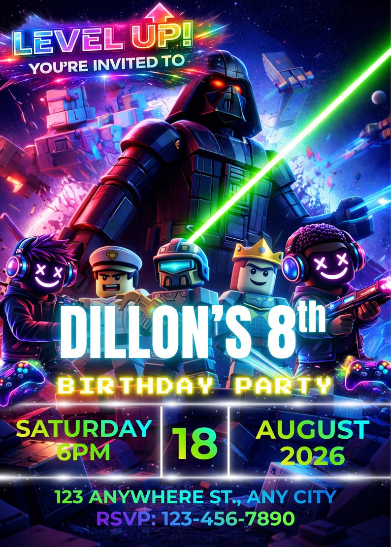 Galactic Birthday Invitation Editable Canva Gaming Party Invite Neon ...