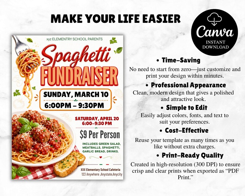 Spaghetti Dinner Fundraiser Flyer Template, Pasta Night Event Poster ...