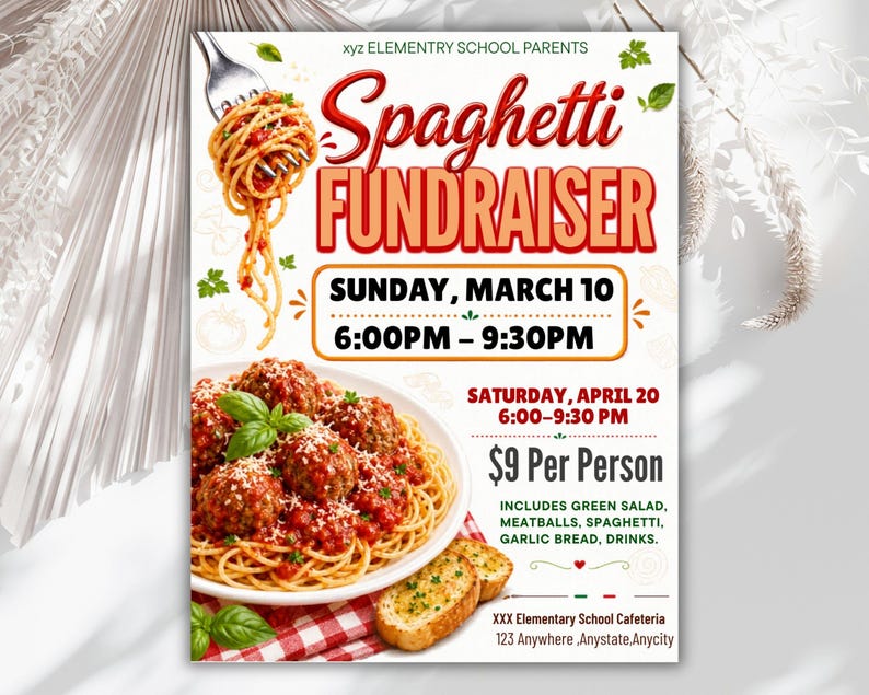 Spaghetti Dinner Fundraiser Flyer Template, Pasta Night Event Poster ...