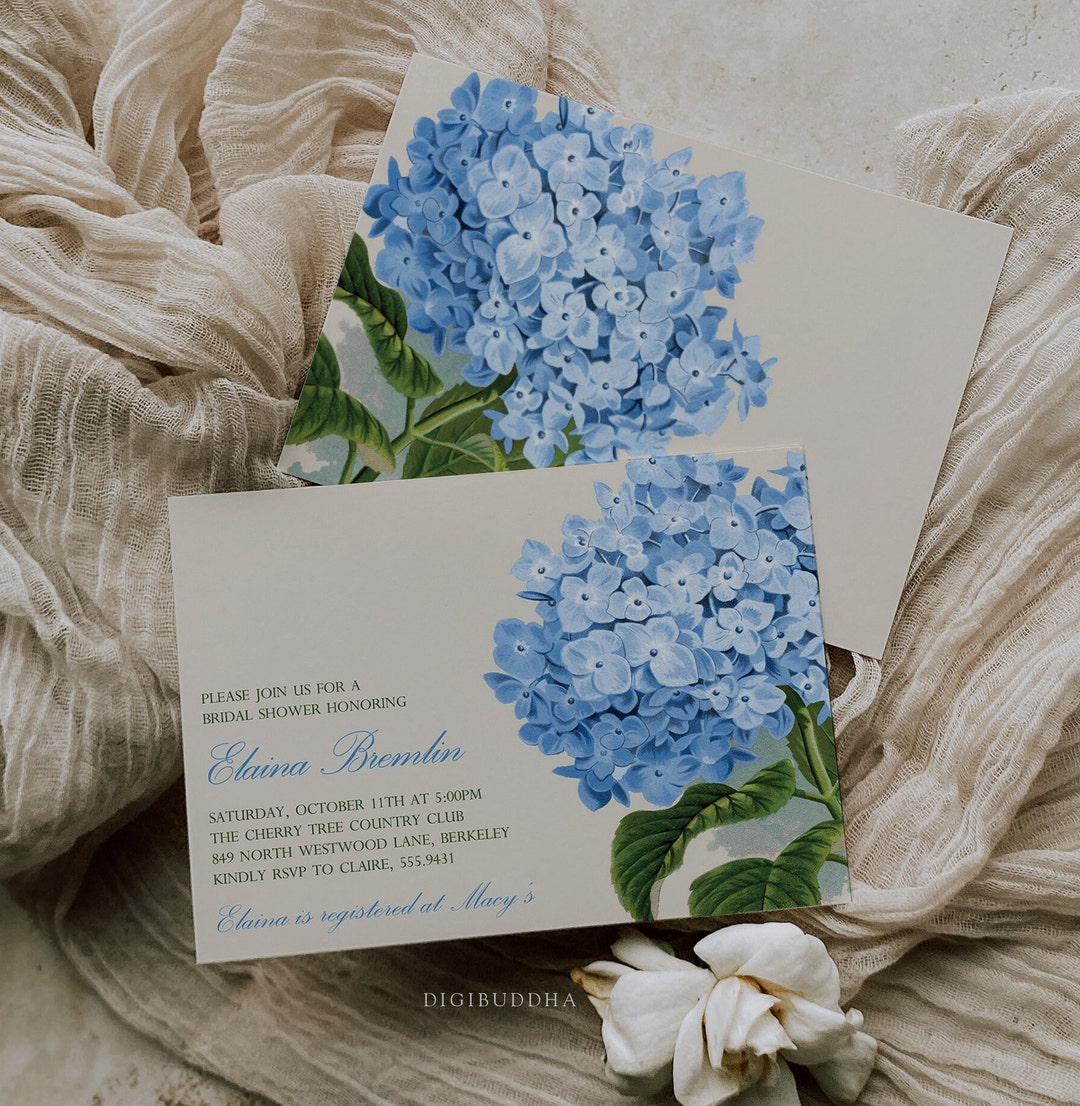 Preppy Blue Hydrangea Bridal Shower Invitations Printed Pastel Blue ...