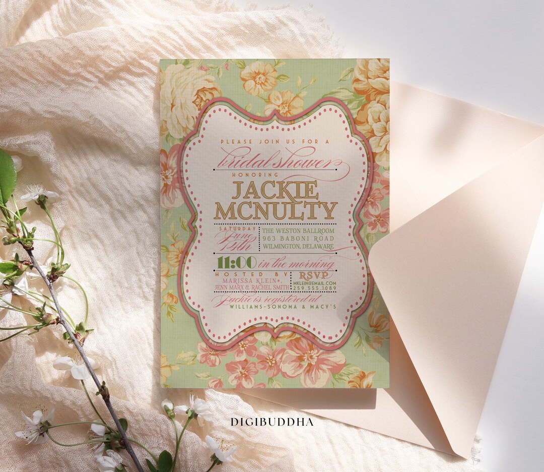 Victorian Mint Rose Bridal Shower Invitations Printed, Elegant Vintage ...