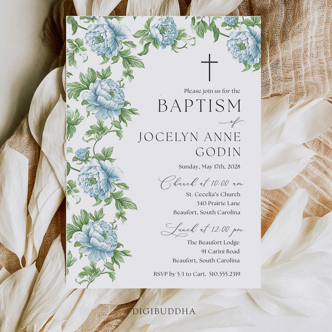 Floral Chinoiserie Baptism Invitations, Elegant Blue Toile Baptism ...