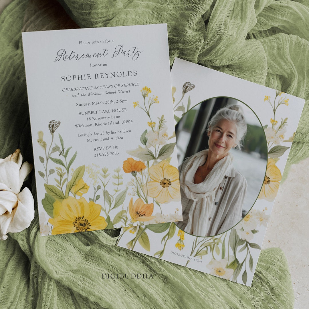 Yellow Bloom Retirement Party Invitation With Photo, Retirement Garden ...