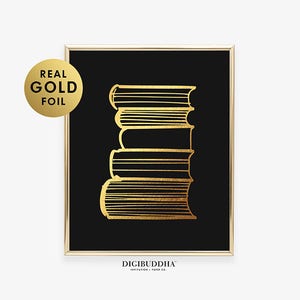 Stack of Books Gold Silver or Rose Gold Foil Print Reader Gift Library ...