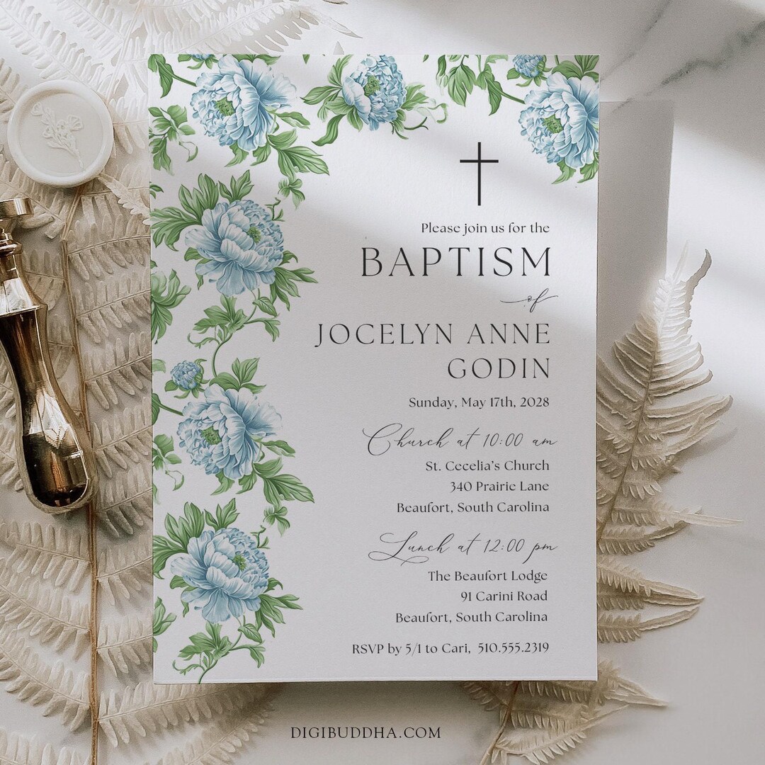 Vintage Blue Flowers Baptism Invitations, Delicate French Blue & Green ...