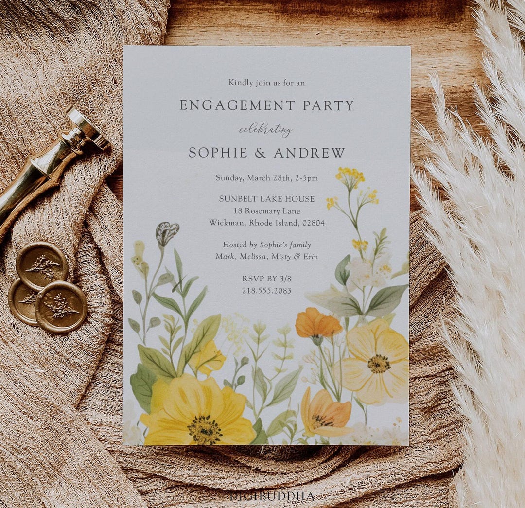 Wildflower Engagement Party Invitations, Yellow Wildflower Engagement ...