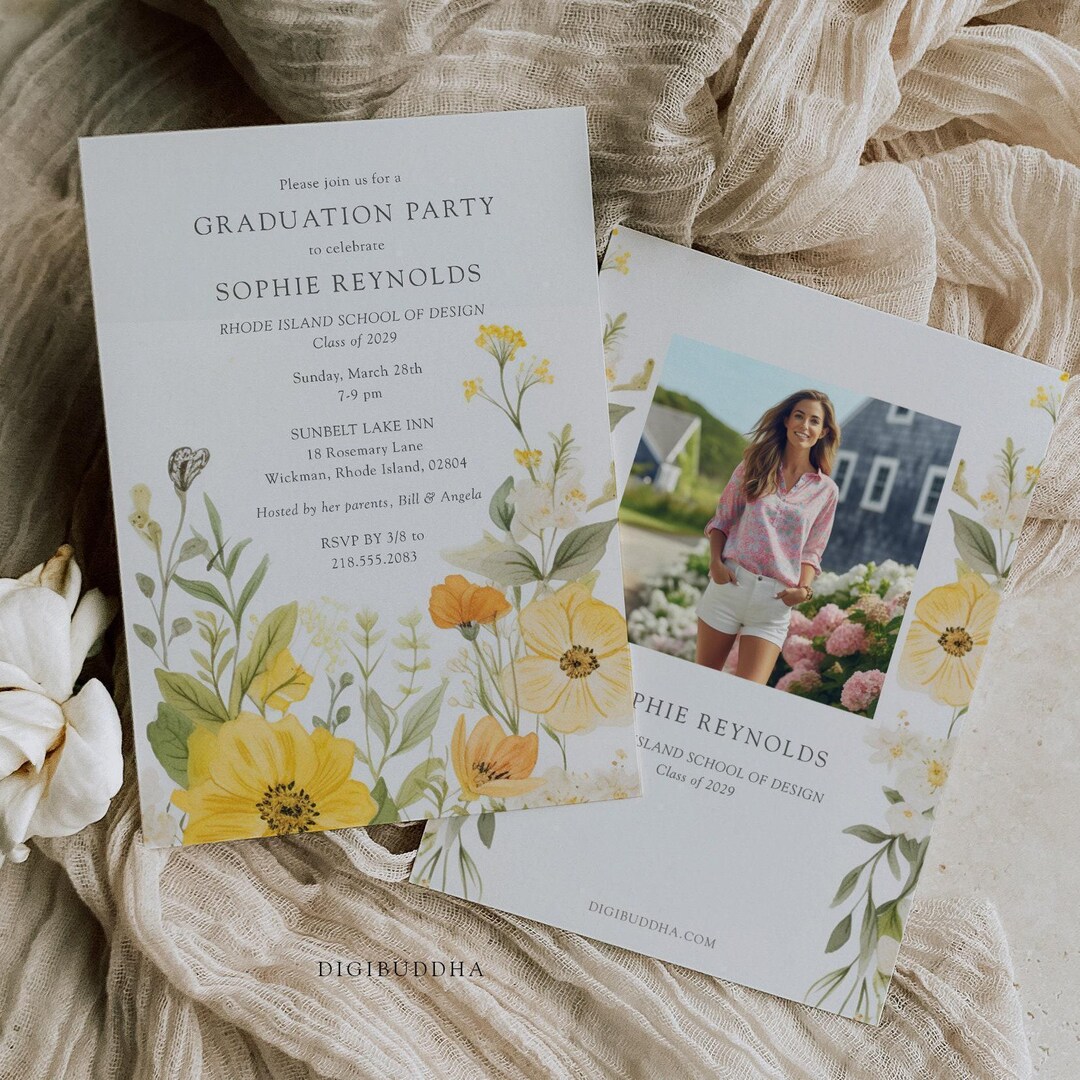 Printed Wildflower Graduation Invitations With Photo, Photo Graduation ...