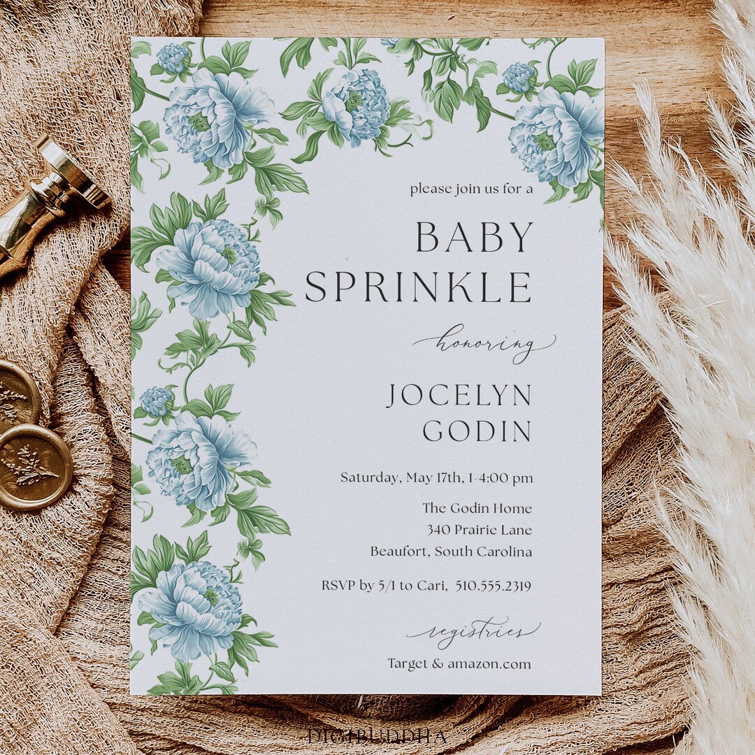 Toile De Jouy Floral Themed Baby Sprinkle Invitation Printed, French ...