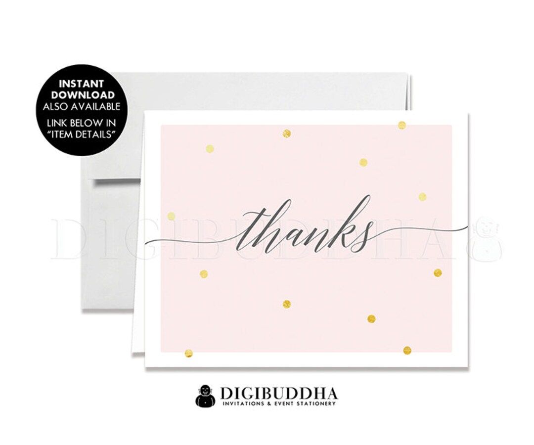 Blush & Gold THANK YOU CARDS Pink Gray Calligraphy Gold Dots Folded A2 Note Wedding Bridal ...