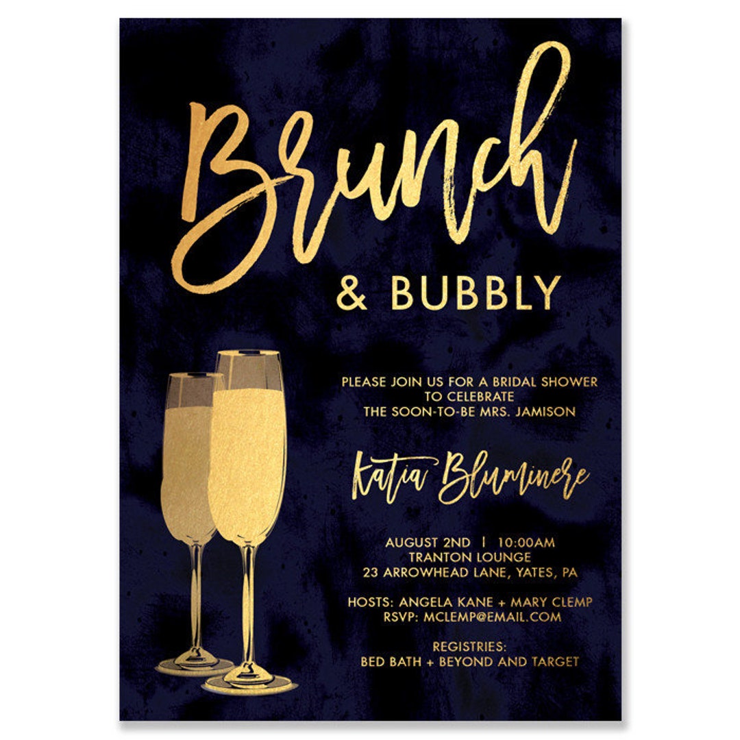 Navy and Gold Brunch & Bubbly Bridal Shower Invitation Printed, Custom ...