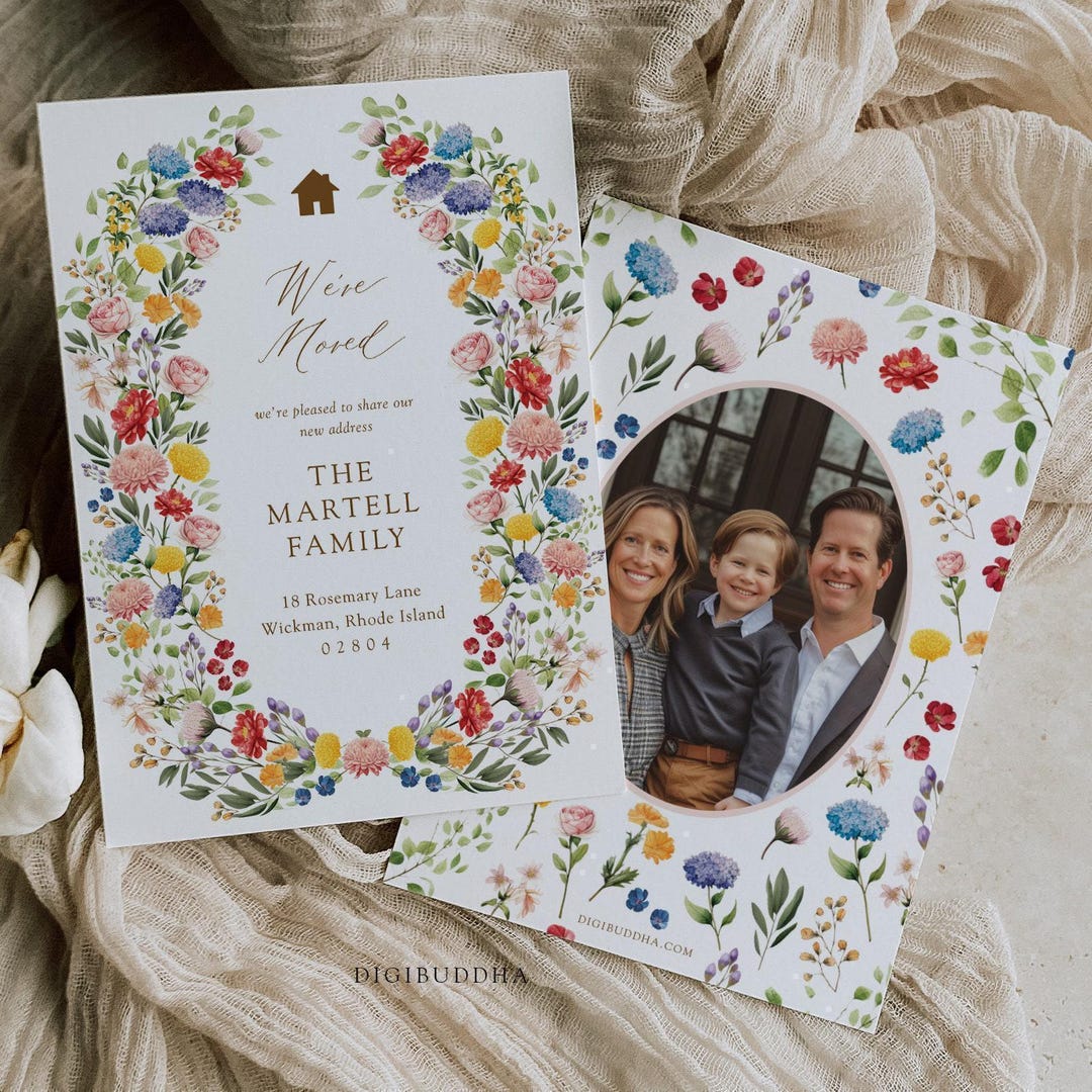 Watercolor Home Moving Announcement, Floral Moving Cards, Custom Photo ...