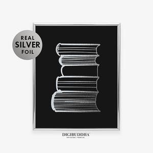 Stack of Books Gold Silver or Rose Gold Foil Print Reader Gift Library ...
