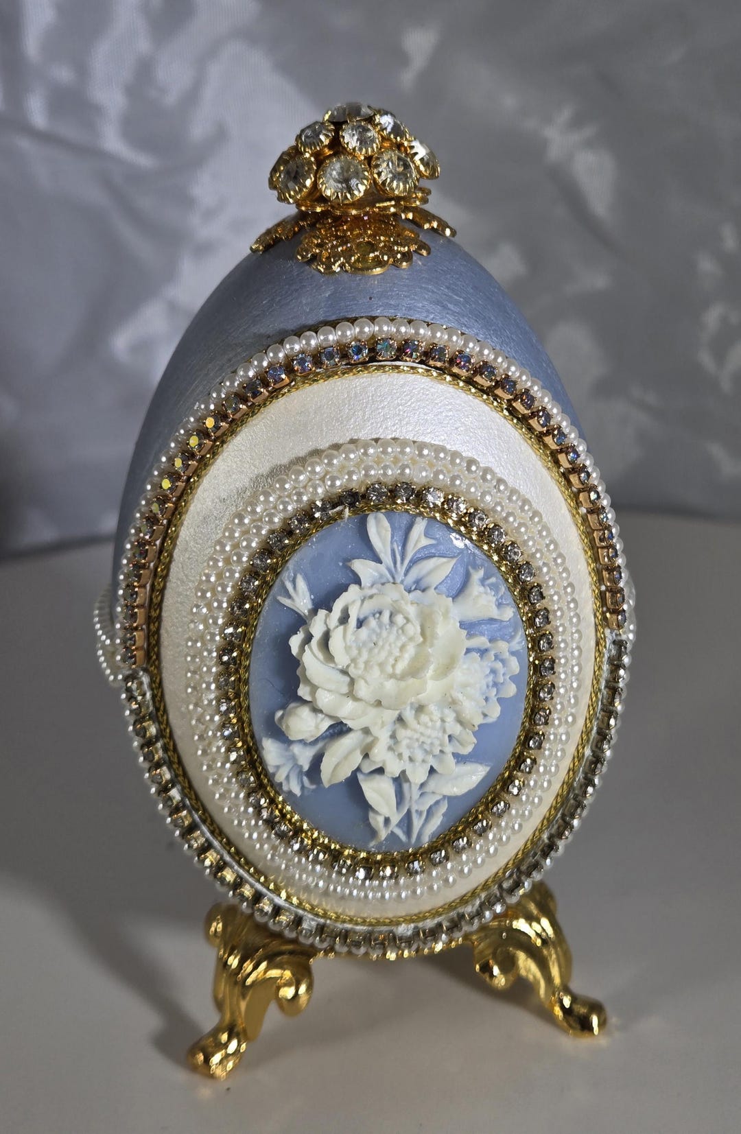 Hand Painted Faberge Style Rhea Egg Keepsake Box Blue White Floral ...