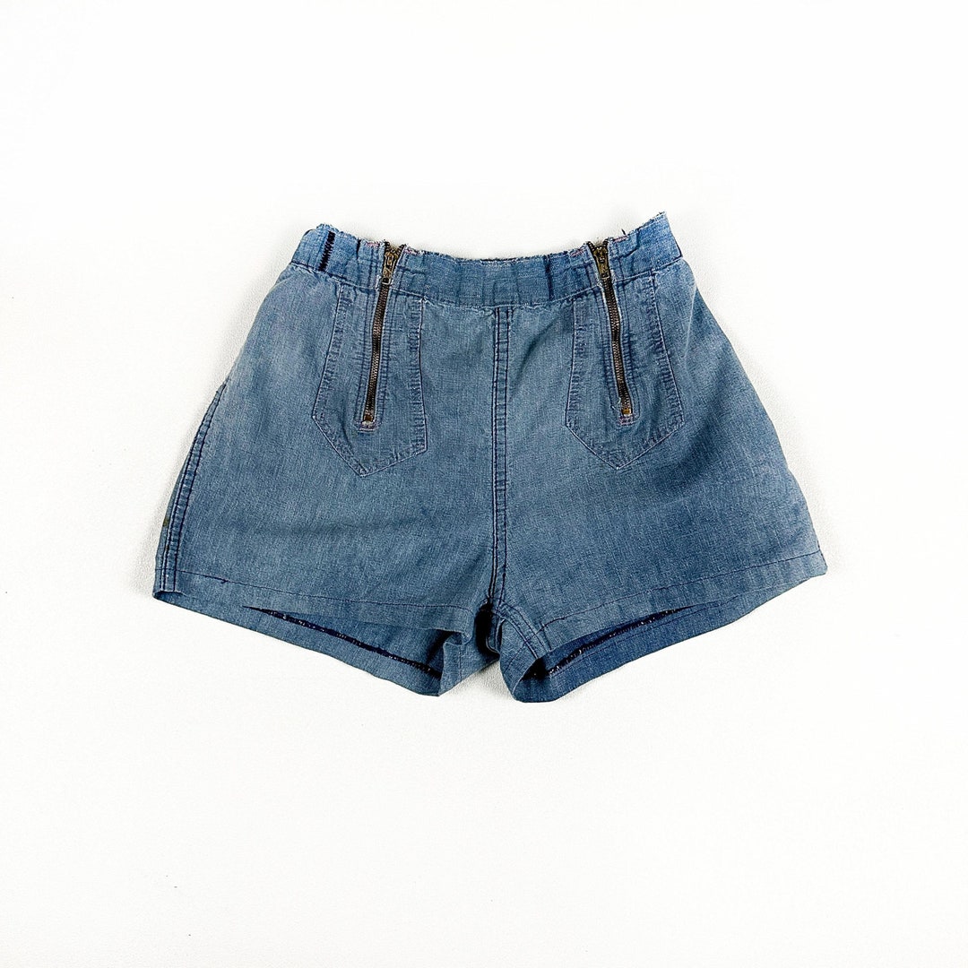 1960s Denim Chambray High Waist Double Zip Shorts / Light Wash ...