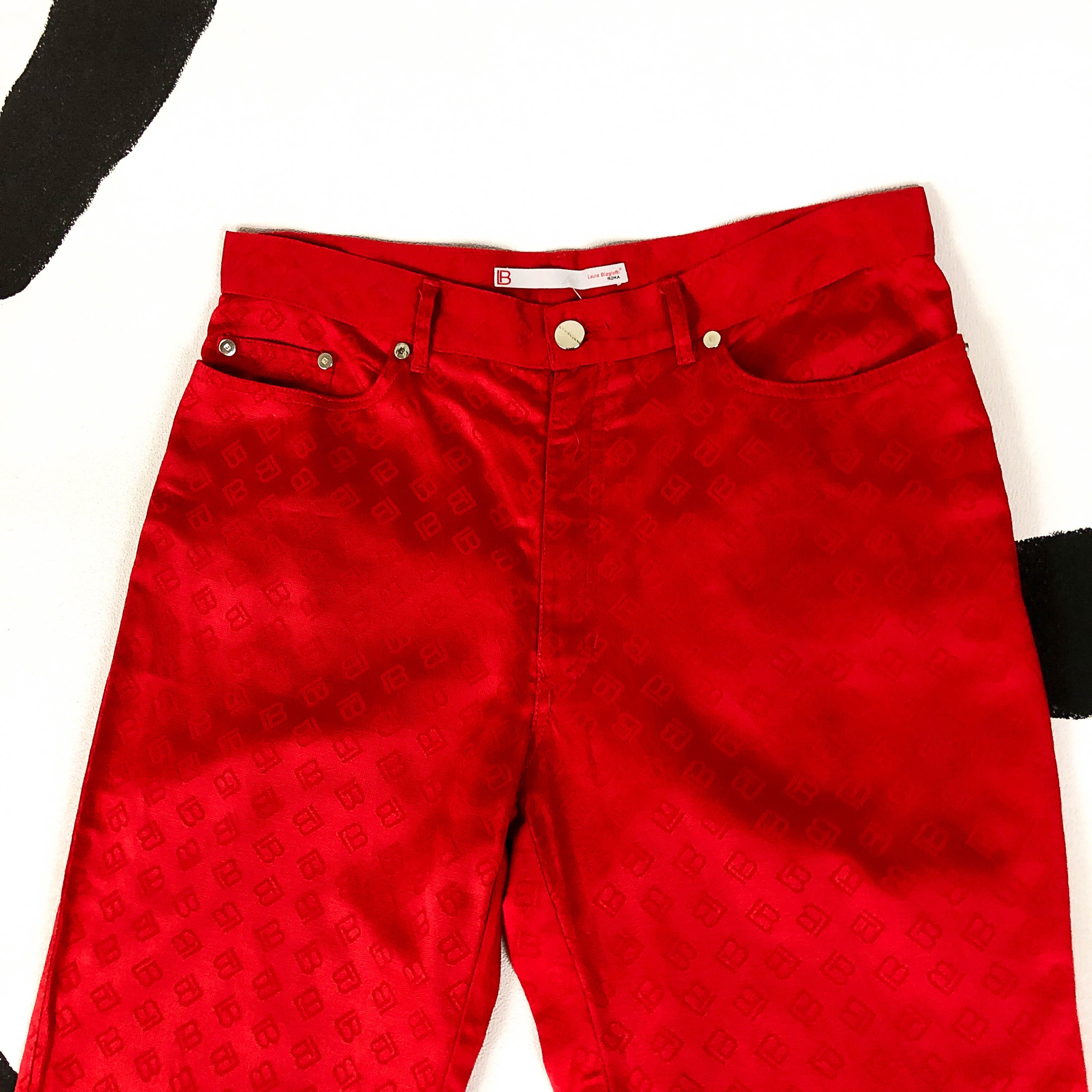 90s Red Silky Monogram Pants / High Waist / Straight Leg / | Etsy