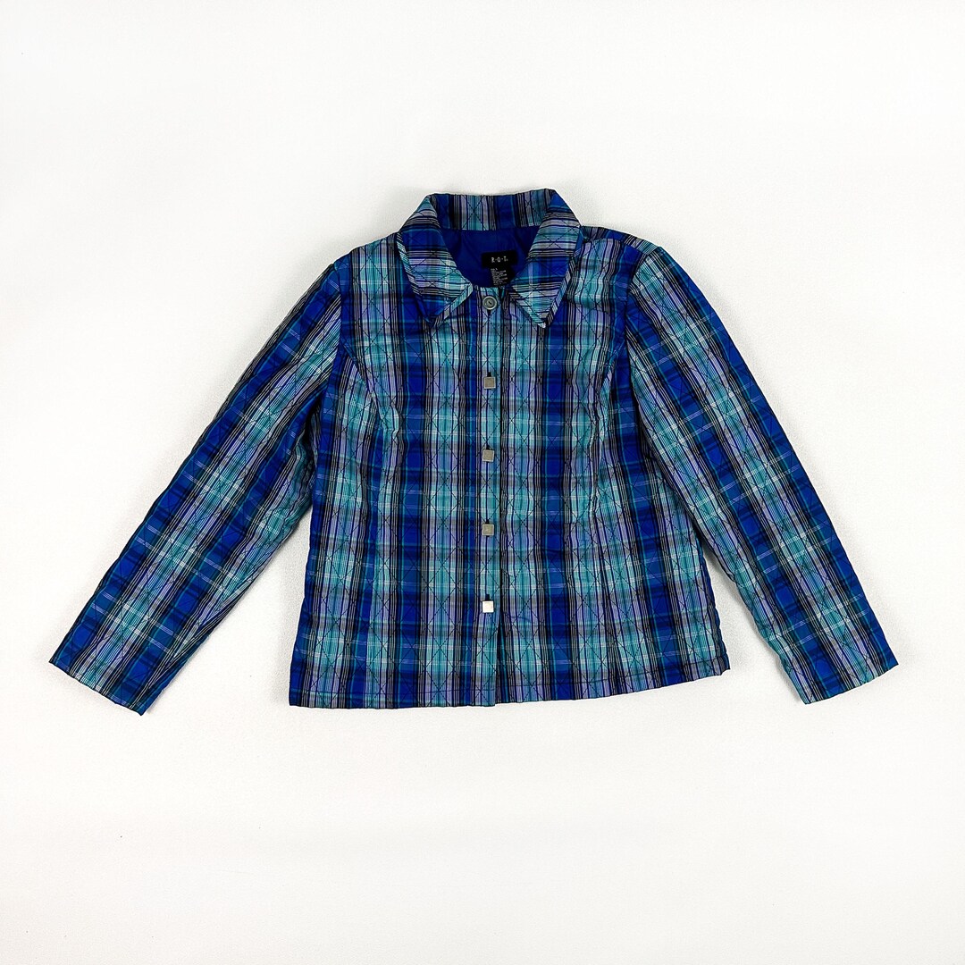 Y2k Blue Plaid Quilted Satin Jacket / Silver Square Buttons / Liner ...