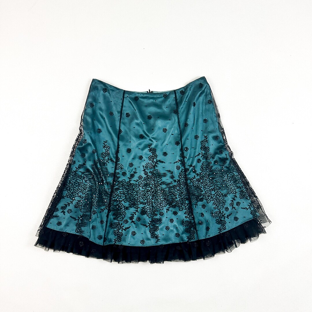 Y2K Adrianna Papell Evening Essentials Blue and Black Beaded Lace Midi ...