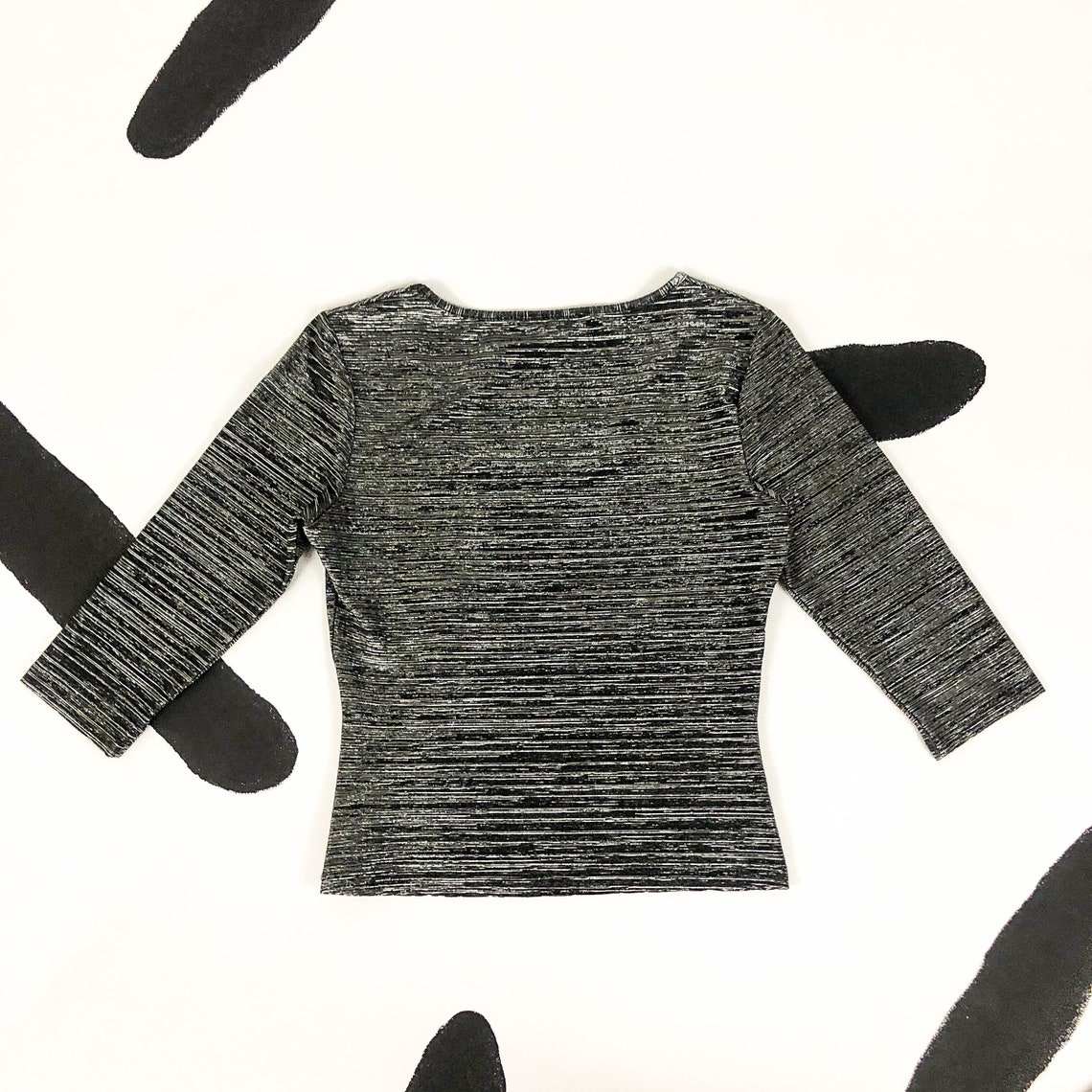 90s Silver and Black Metallic Space Knit Scoop Neck Top / Three Quarter ...