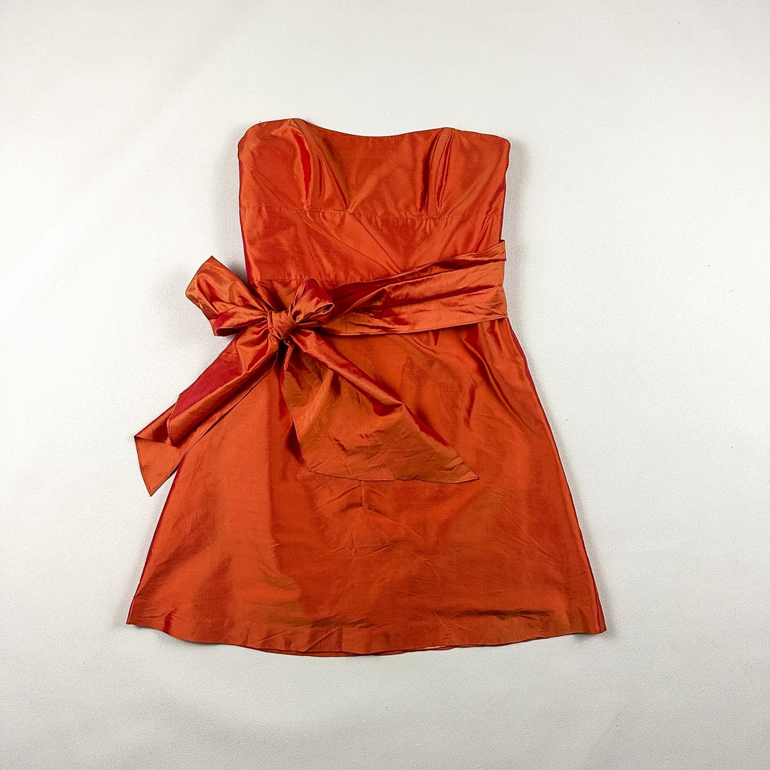 Y2k Jenny Yoo Orange Iridescent Raw Silk Tube Dress / Sash Wrap at ...