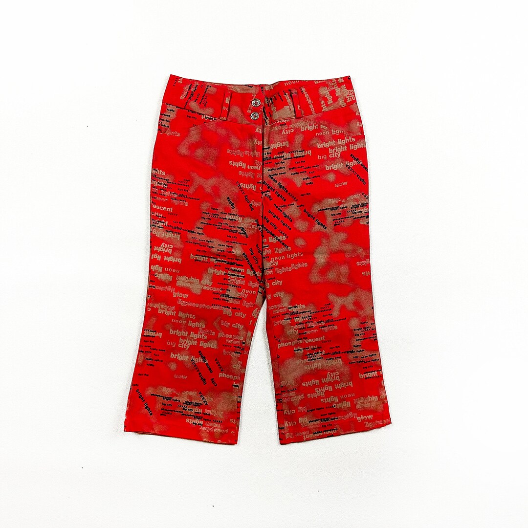 Y2k Red Newsprint / Alphabet Word Print Capri Pants / Pedal Pushers ...