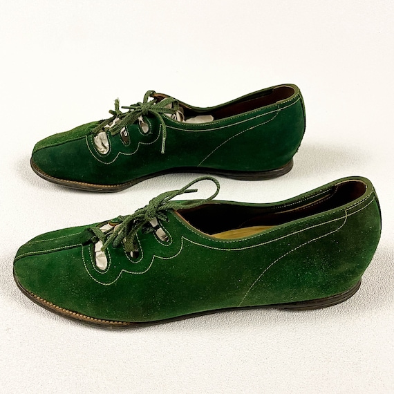 1940s Golo Of Dunmore Emerald Green Suede Hidden Wedg… - Gem