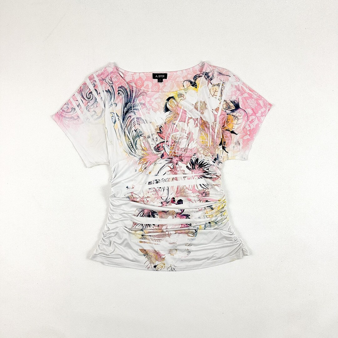 Y2k A.byer Allover Crinkle Print Ruched Floral Short Sleeve Top / Fleur ...