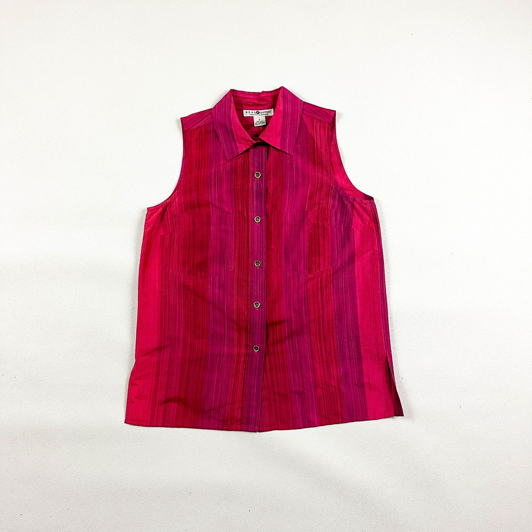 Y2k / 1990s Raw Silk Pink Gradient Button Down Sleeveless Shirt / Real ...