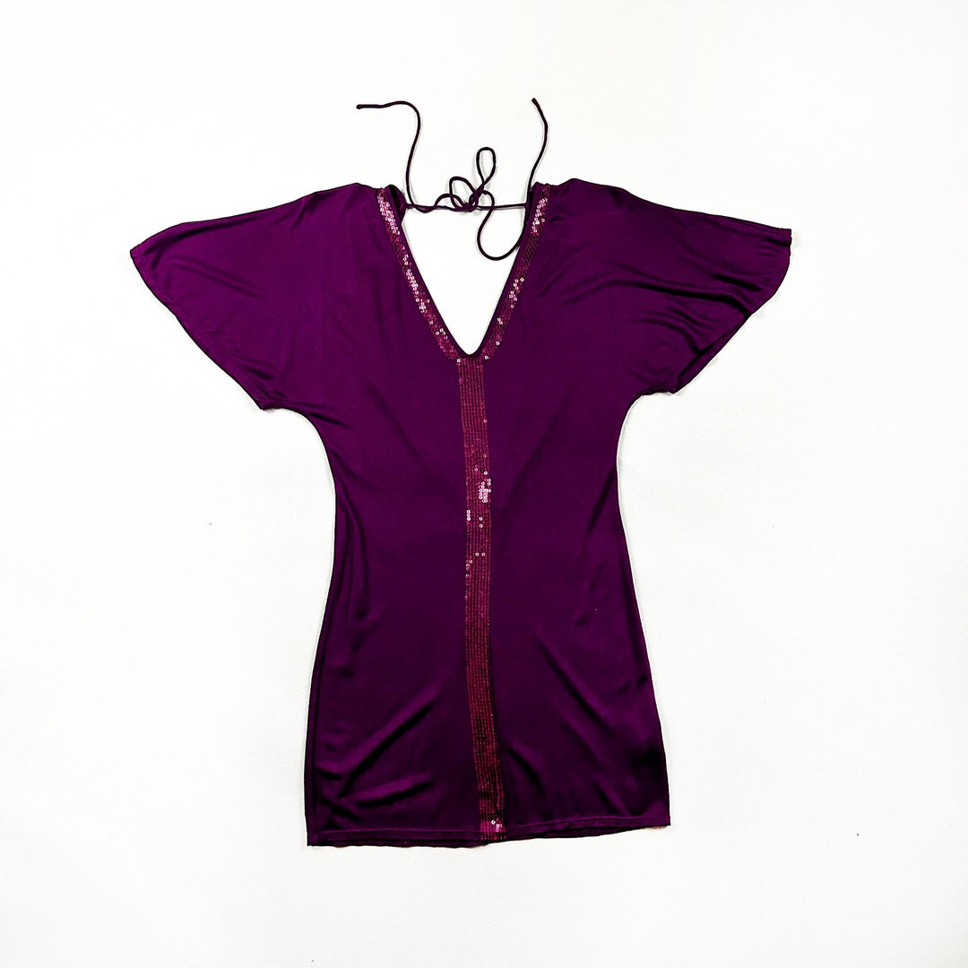 Y2k Purple Low Back Mini Dress / Deep V / Small / Ties / 00s / Paris ...
