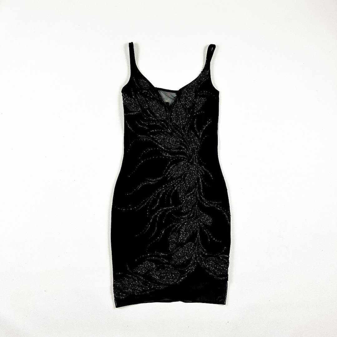 1990s Tadashi Spaghetti Strap Body Con Dress / Mesh / Beaded / Glitter ...