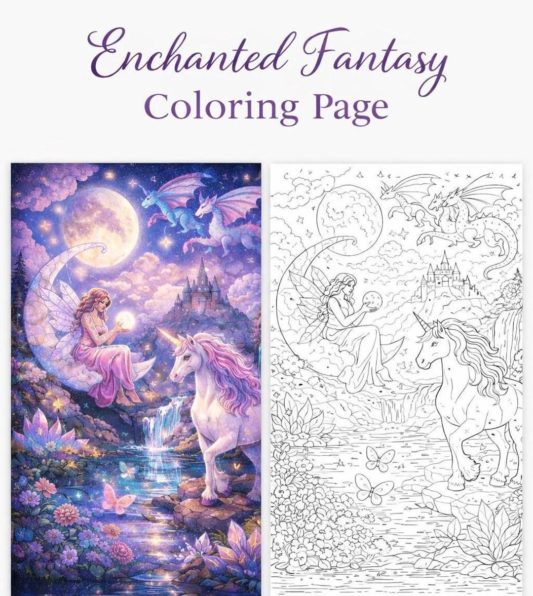 Unicorn Fantasy Coloring Page - Etsy