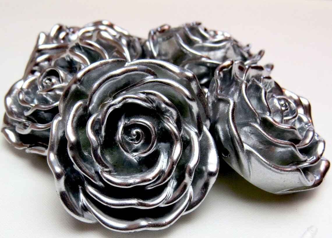 Chunky Beads, 1 - 6 Flower Beads, HUGE 48mm, SILVER Resin Rose ...