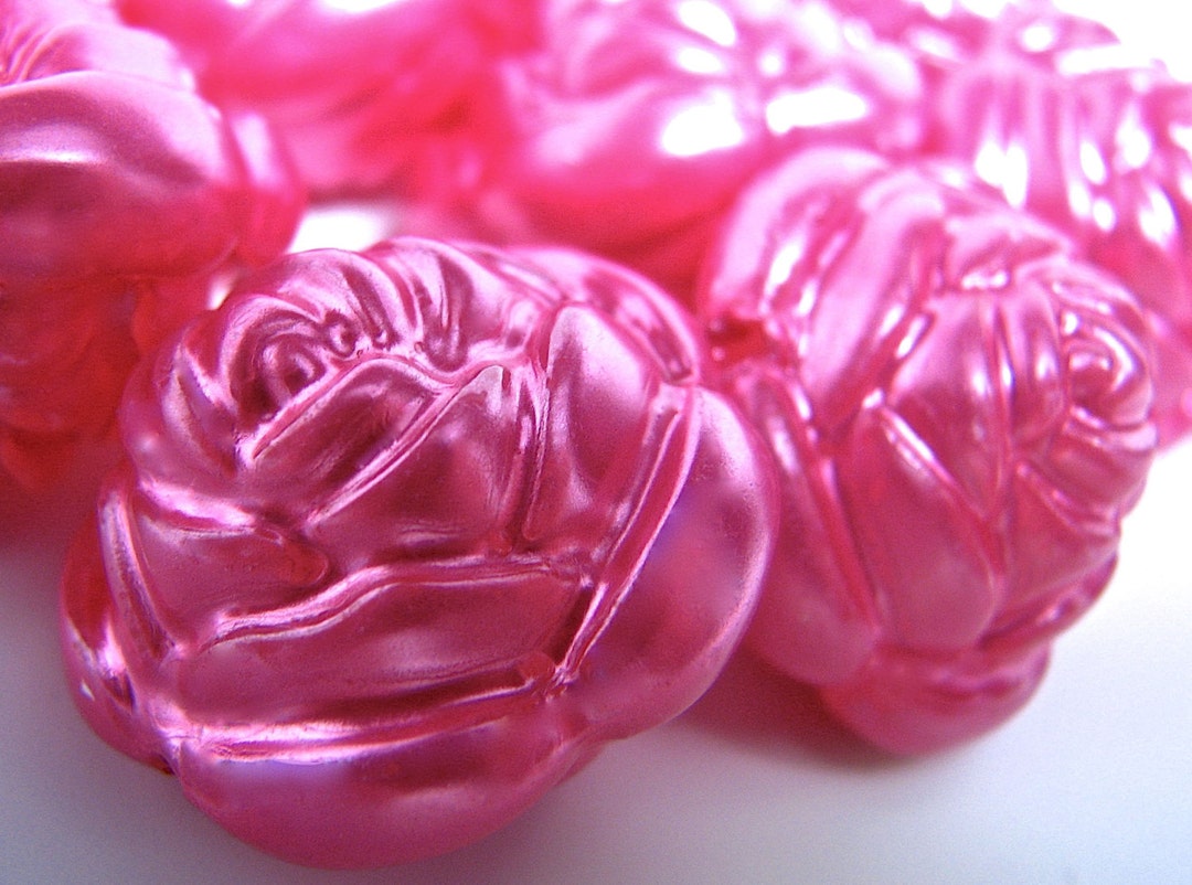 12 Chunky Flower Beads, HOT PINK Pearl Rose Beads, 25mm, Bubblegum ...