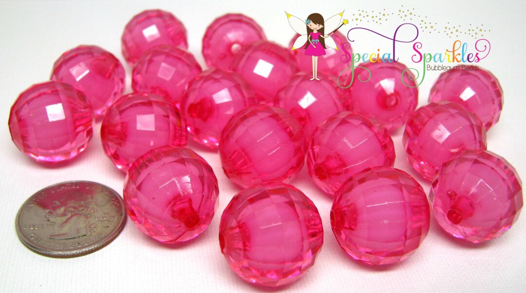 12 HOT PINK With WHITE Core Beads Round Acrylic Faceted Craft Beads ...