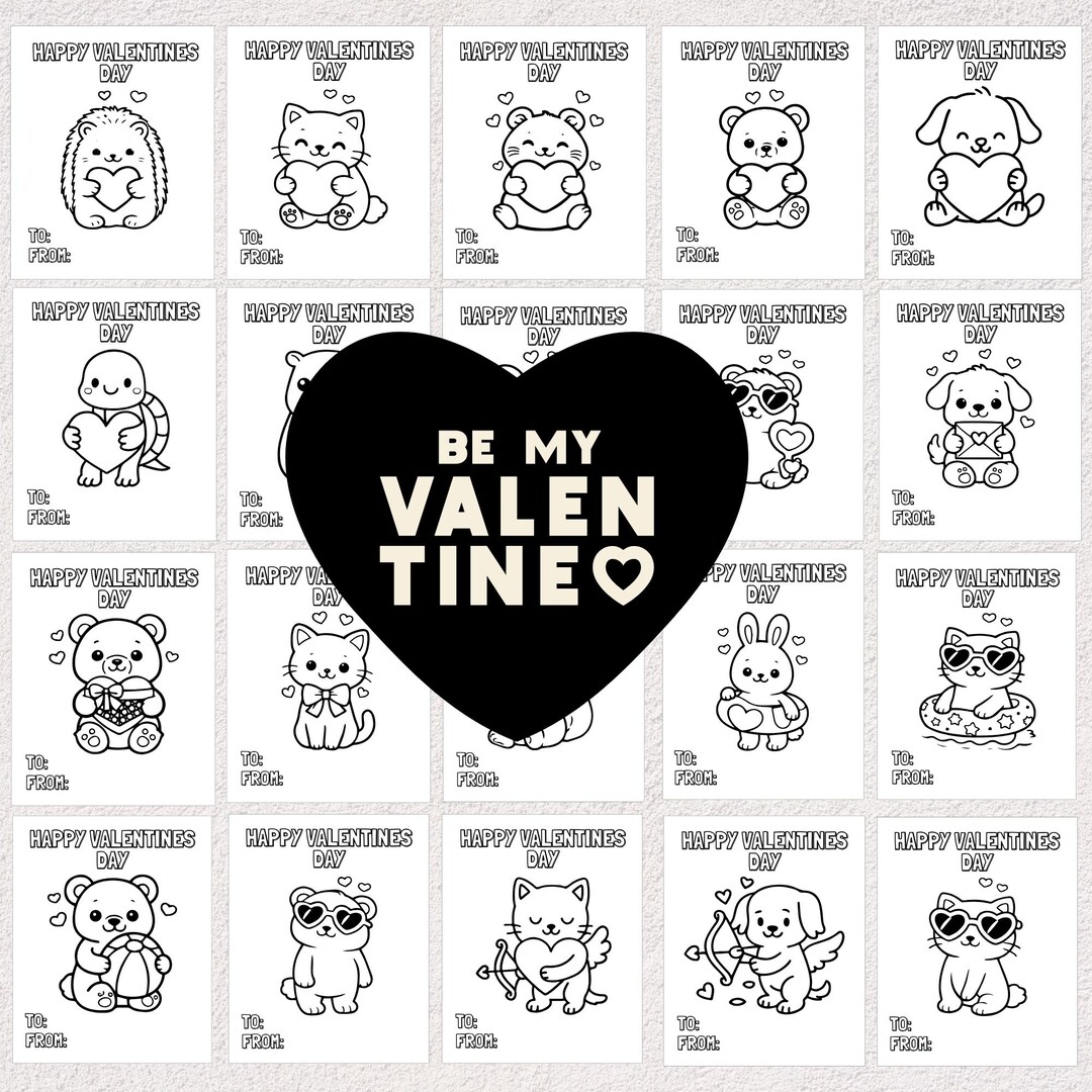 Color-your-own Valentine Cards | Animal Designs (32 Printable ...