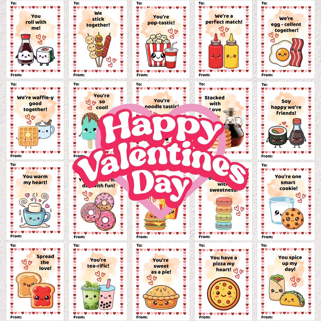 Kawaii Food Pun Valentine Cards | 32 Printable Kids Valentines (instant ...